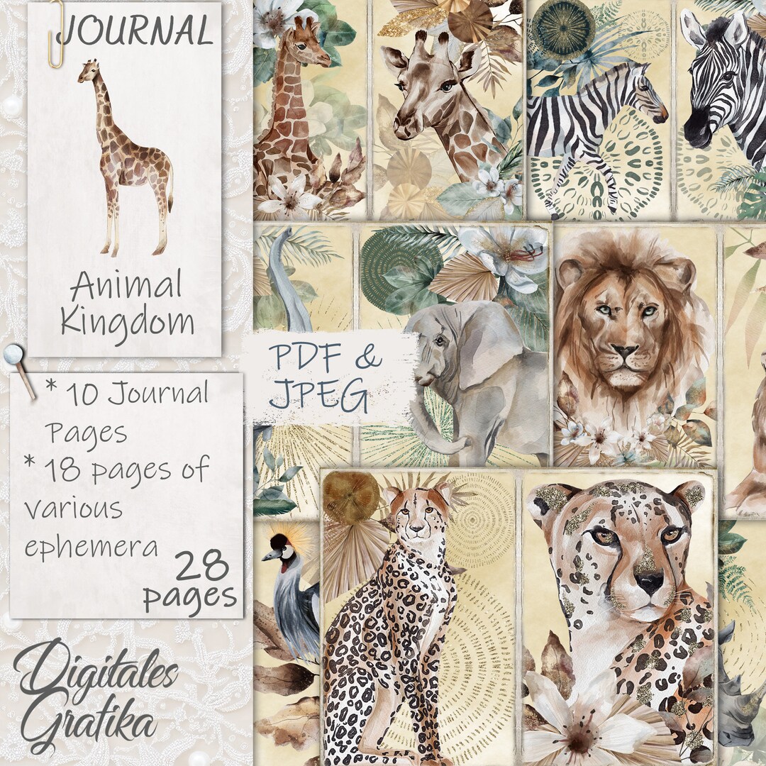 Animal Kingdom Junk Journal Kit, Pages, Envelopes, Wild Animal Paper ...