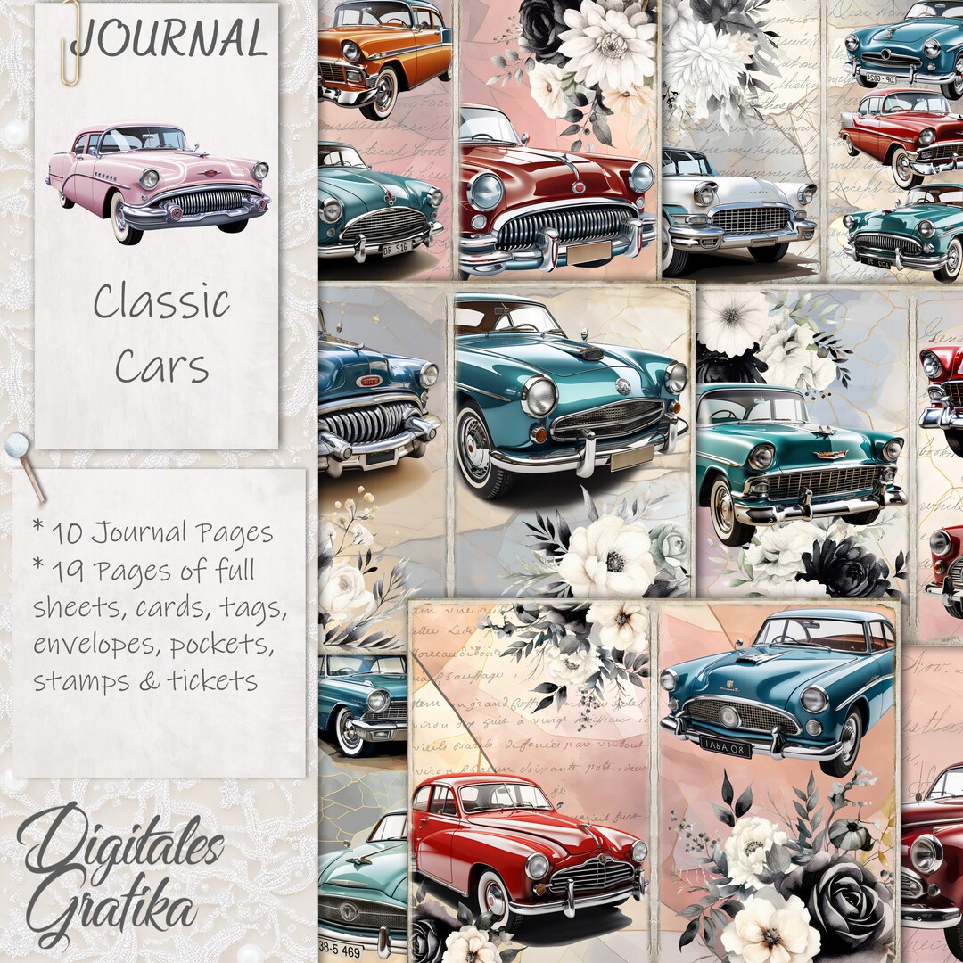 CLASSIC CARS JOURNAL Kit, Vintage Cars Junk Journal, Journal Pages ...