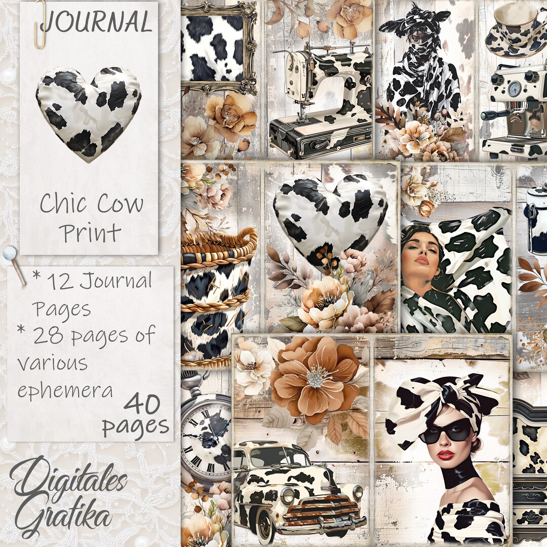 CHIC COW PRINT Journal Kit, Fashion Junk Journal, Journal Pages, Full ...