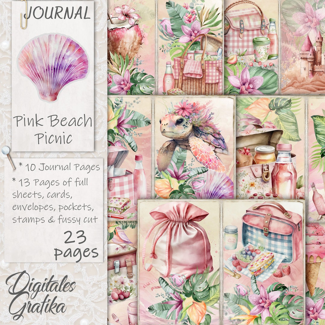 PINK BEACH PICNIC Journal Kit, Pink Summer Junk Journal, Pages ...