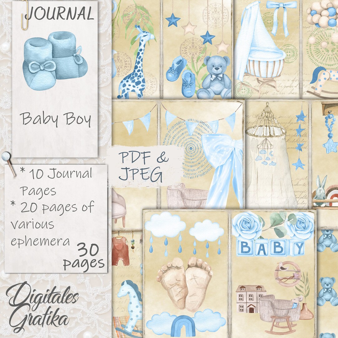 Baby Boy Junk Journal Kit, Boho Baby Journal, Blue Baby Journal, Baby ...
