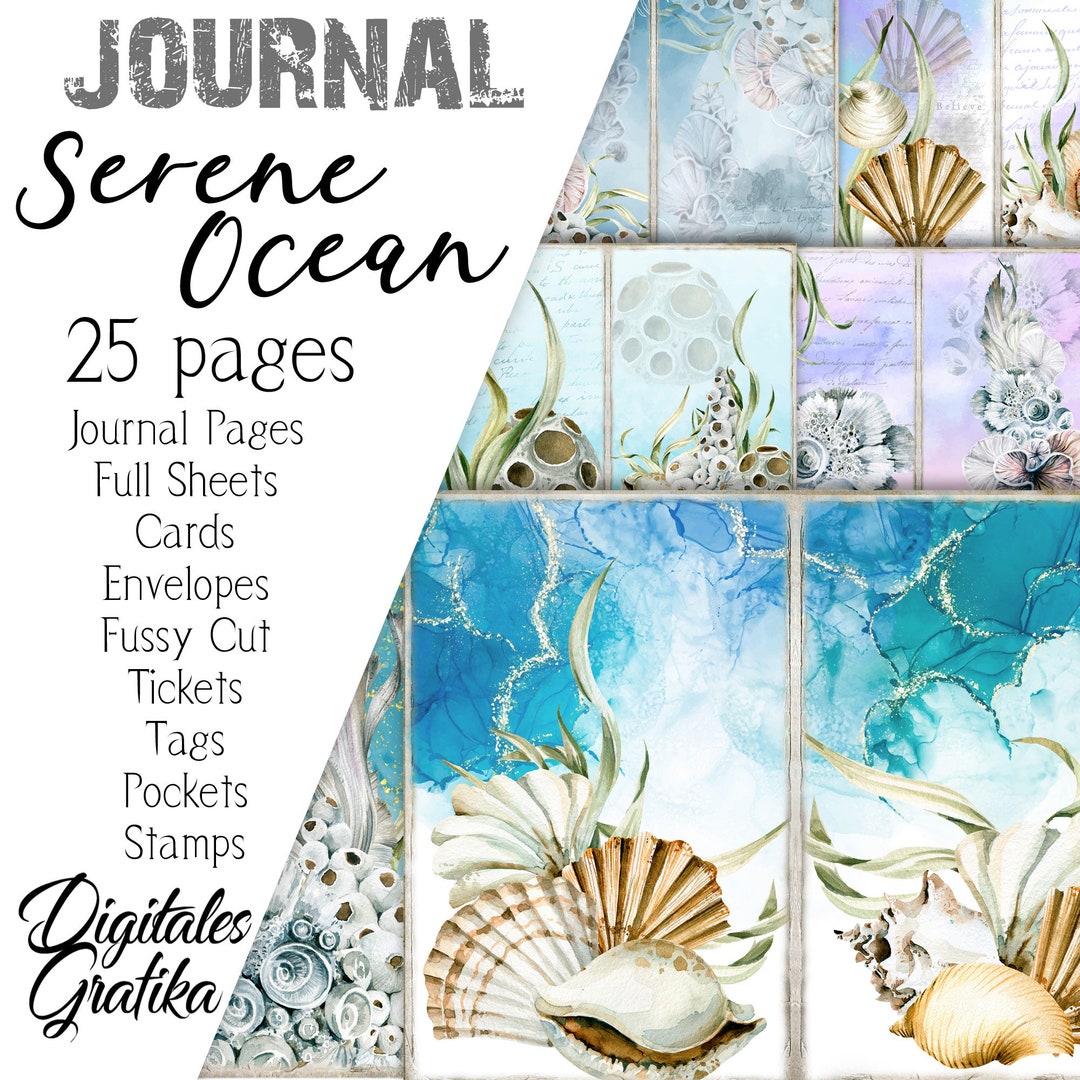 SERENE OCEAN JOURNAL Kit, Pages, Envelopes, Marine Paper, Paper ...