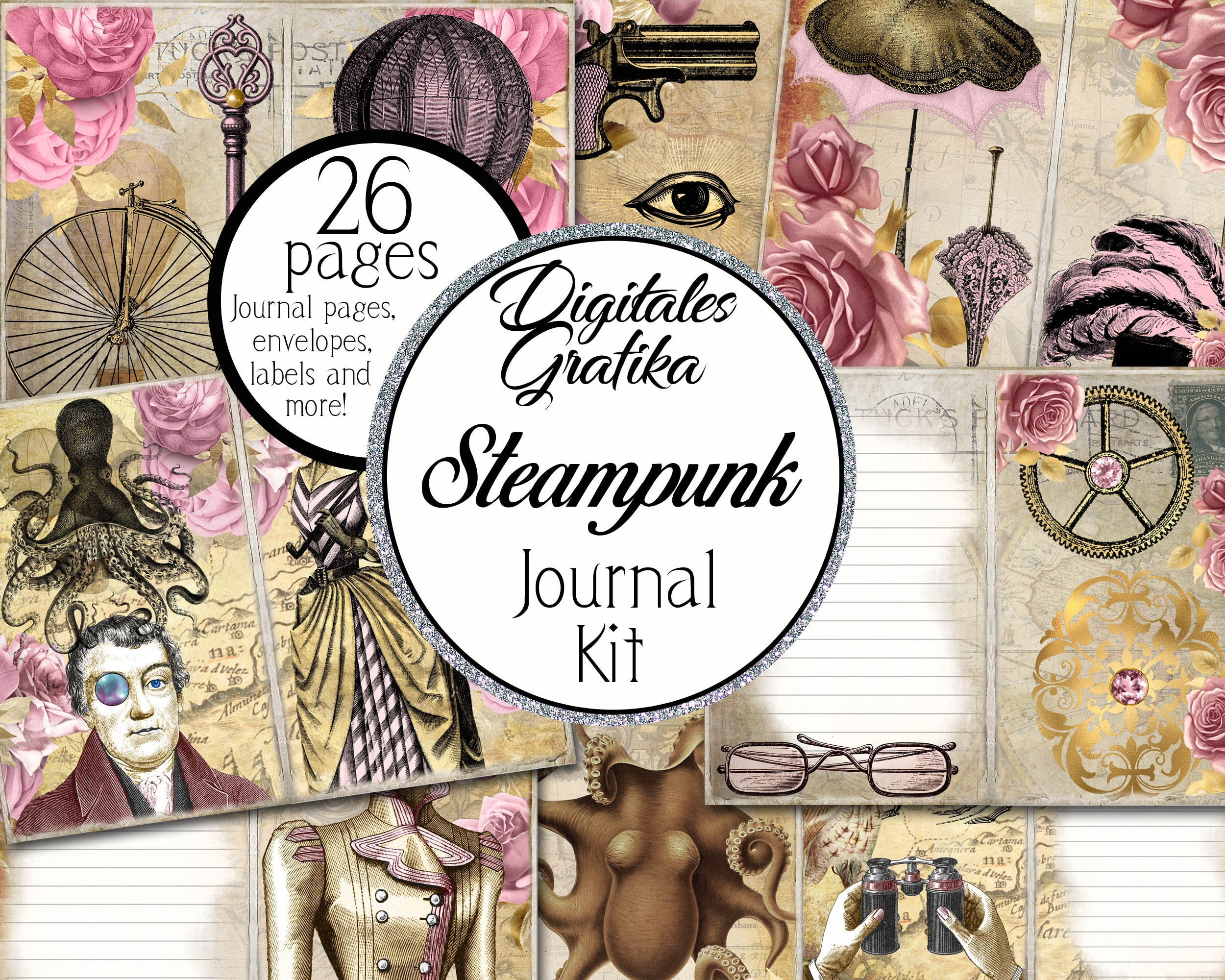 STEAMPUNK JOURNAL KIT Steampunk Pages Envelopes Pink - Etsy