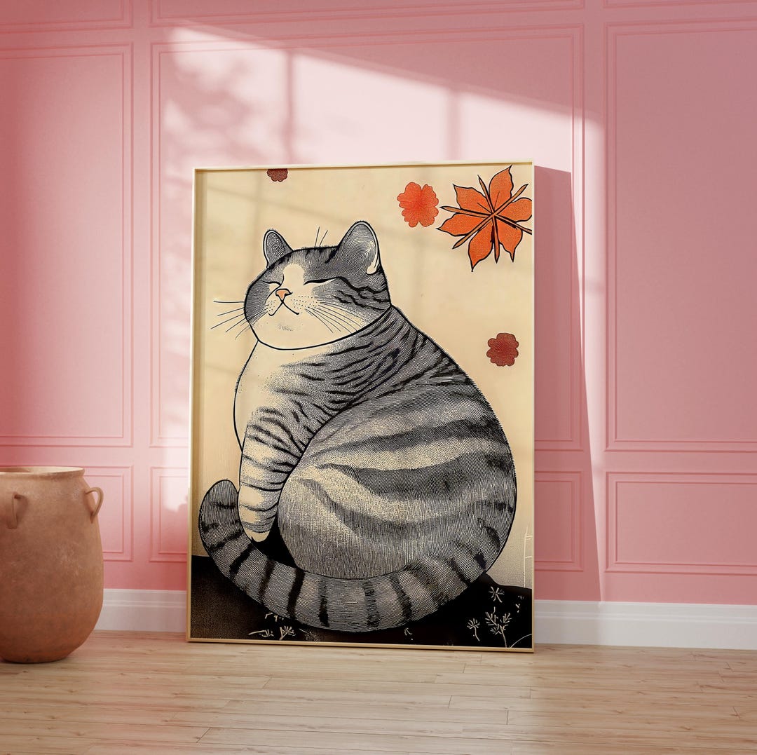 Vintage Cat Poster, Chubby Tabby Cat Art Print, Japanese Decor ...