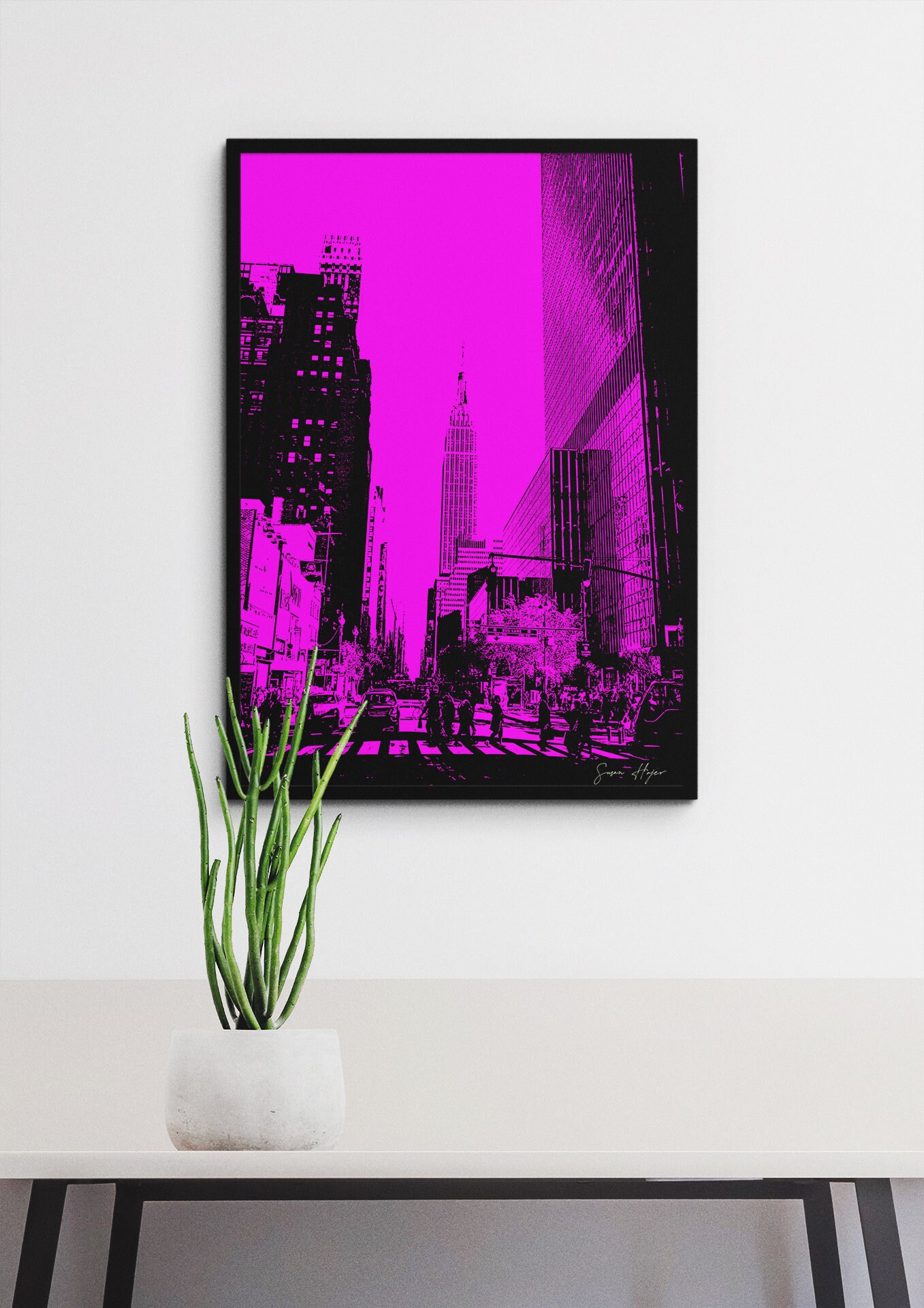 New York Neon Pink Modern Art Poster, Minimalist Home Decor, Cityscape ...
