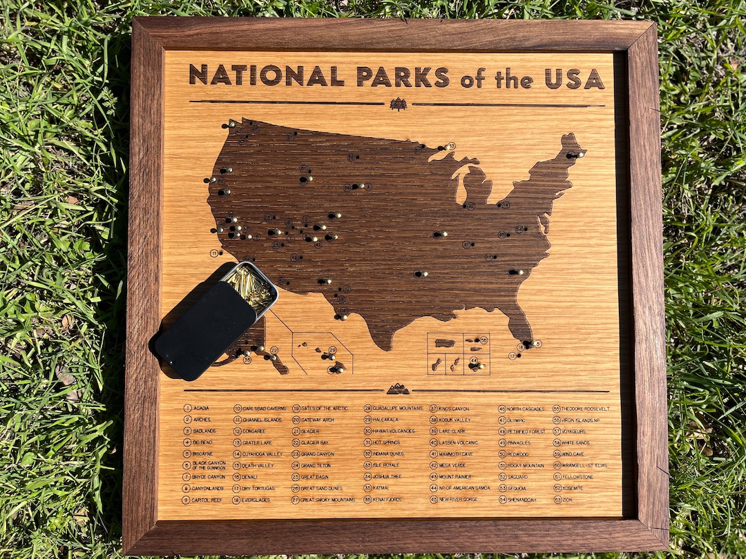 National Parks Push Pin Map, 13" X 13"; Wooden Travel Tracker Map of ...