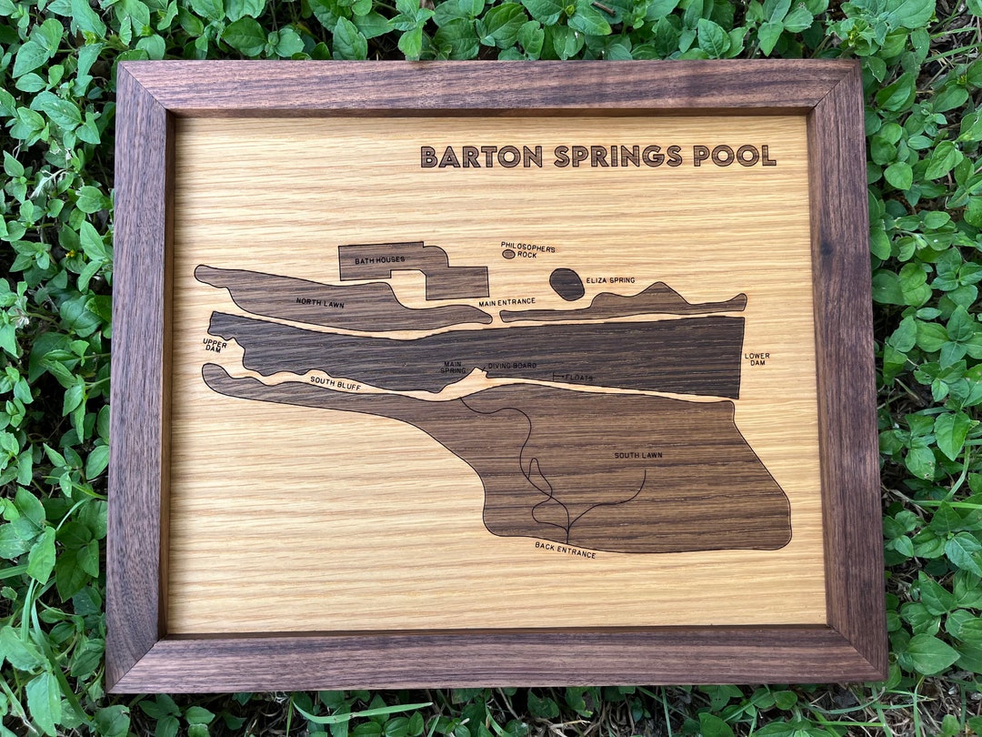 Barton Springs Pool Map With Grounds and Major Features, 10x12 Wooden ...