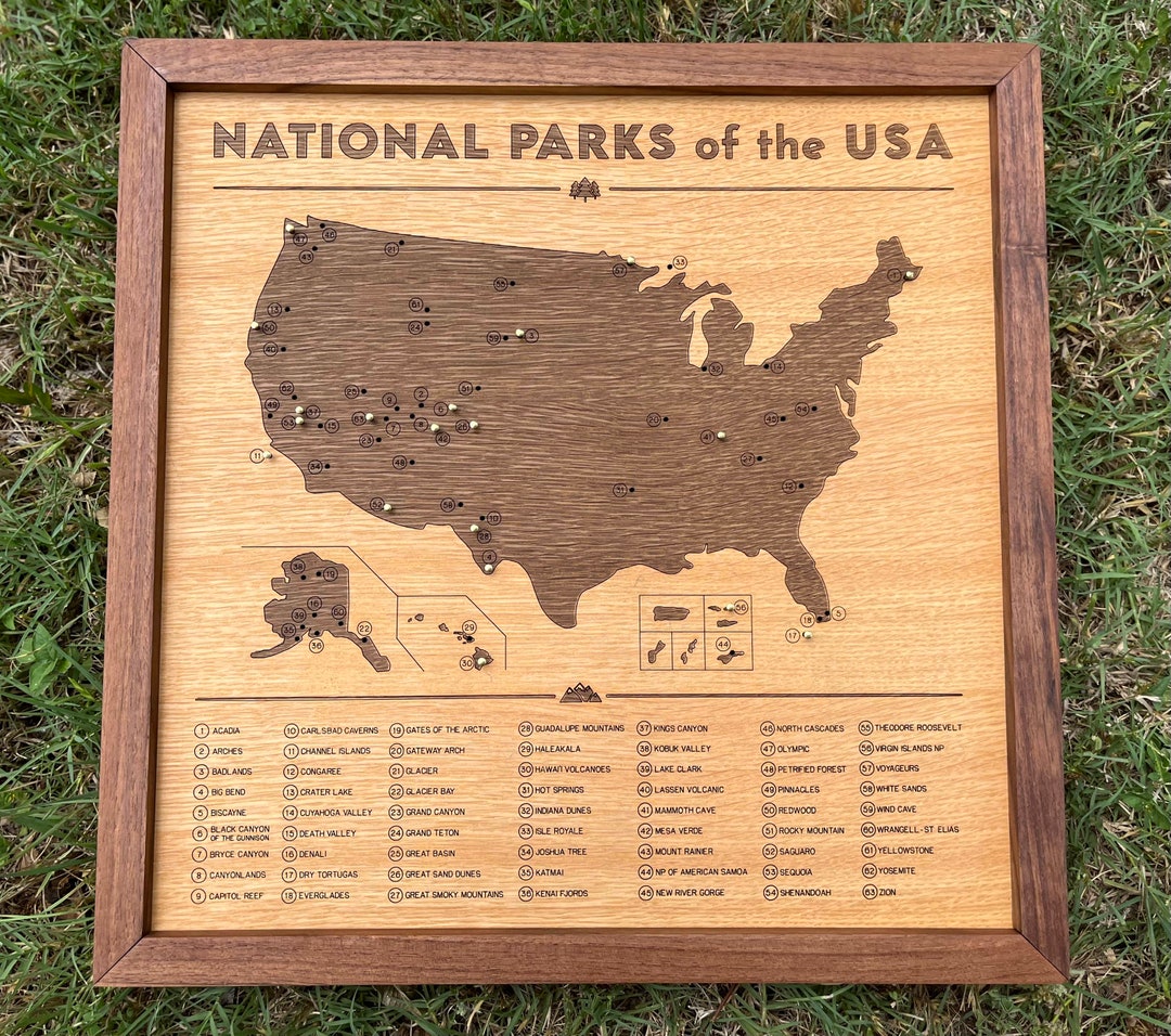 National Parks Push Pin Map, 16" X 16"; Wooden Travel Map of United ...