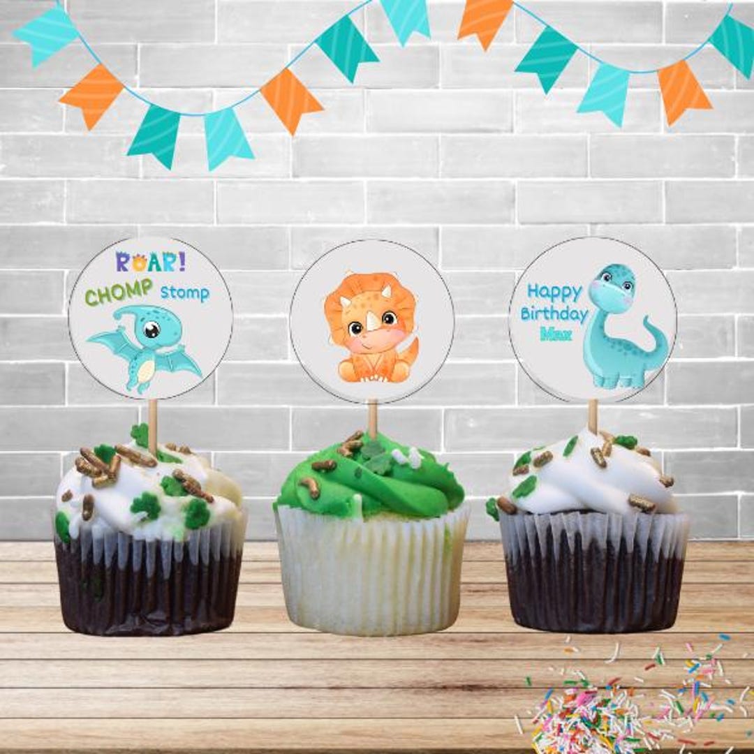 Dinosaur Cupcake Toppers, Birthday Dinosaur Instant Download, Editable ...