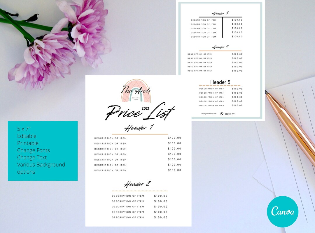 Rainbow Boho Price List Template, 5 X 7" Price List, Editable ...