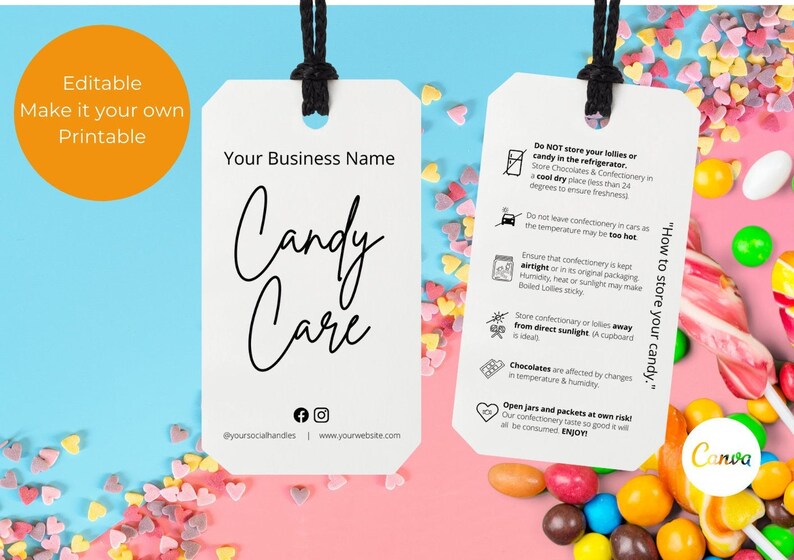 Candy Care Hang Tag, DIY Candy Care Card Tag Template, Editable ...