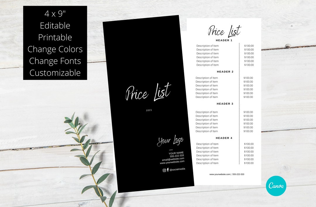 Minimalist Price List Template, Black With White Design, 4 X 9" Price ...