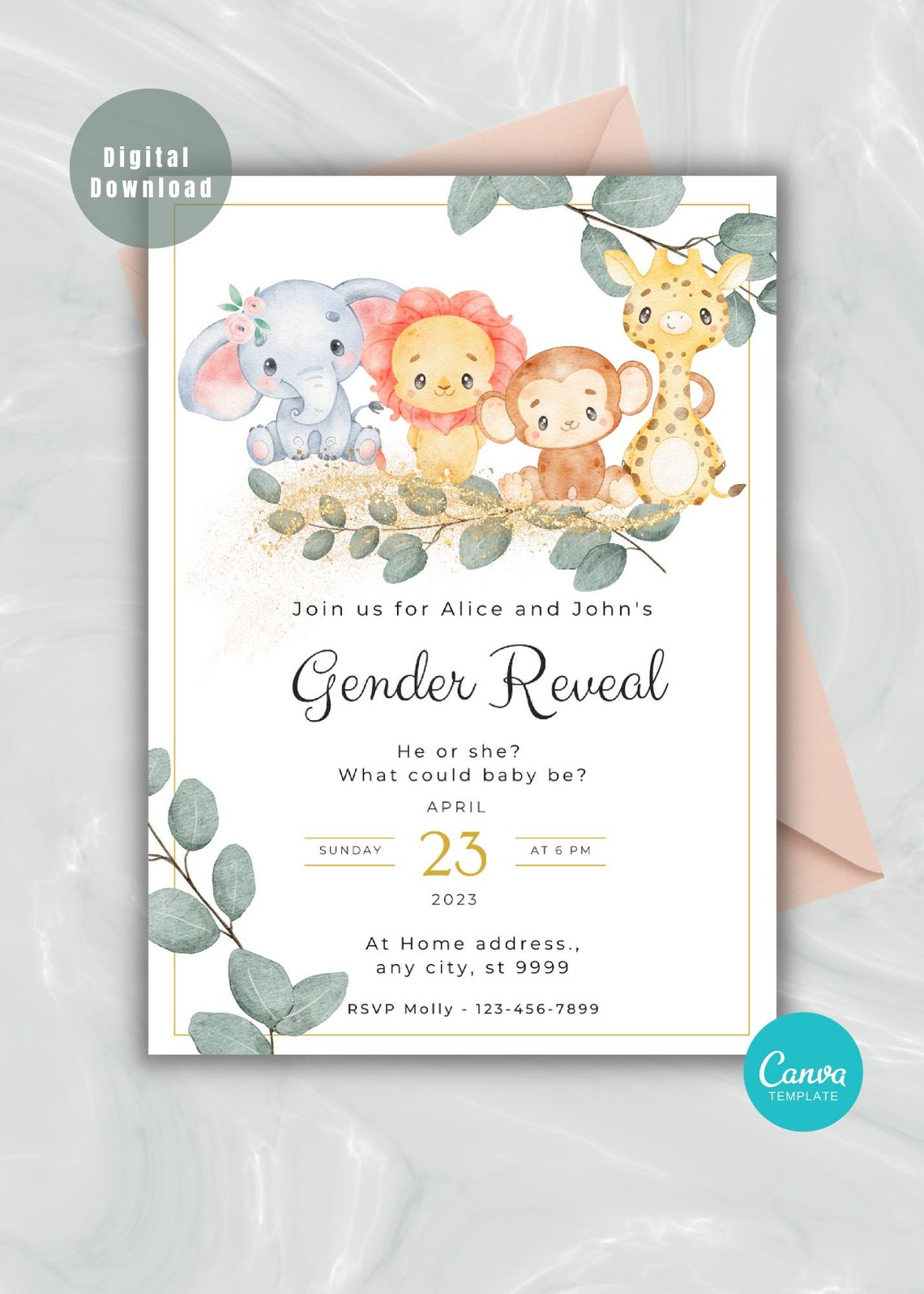 Editable Safari Animal Baby Gender Reveal Invitation Bundle, Zoo Animal ...