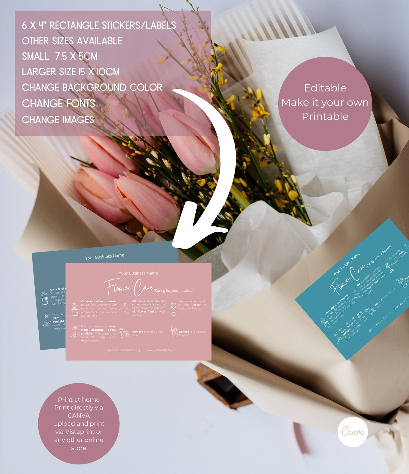 Flower Bouquet Sticker Template, Fresh Cut Flower Label Care, Flower ...