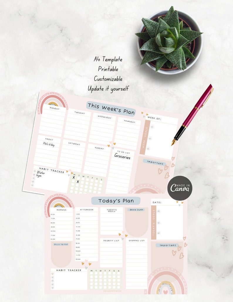 Minimalist Boho Rainbow Week and Day Planner A4, Canva Template ...