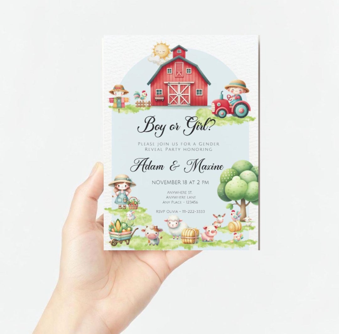 Farm Themed Animals Gender Reveal Invitation Template, He or She Gender ...