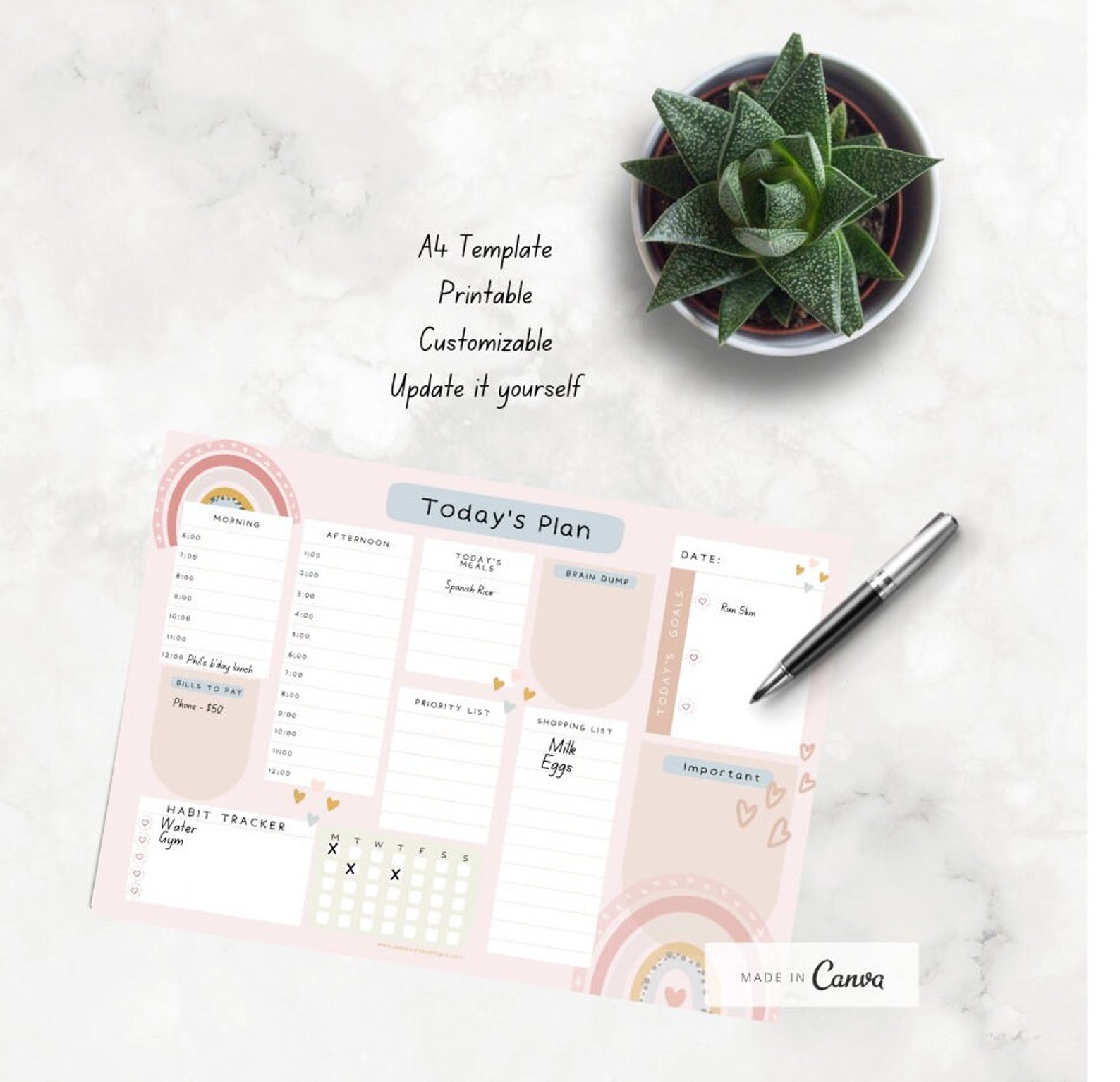 Minimalist Boho Rainbow Week and Day Planner A4, Canva Template ...