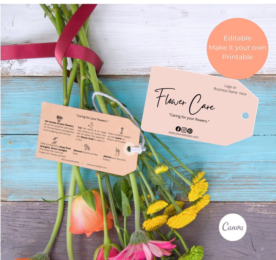 Flower Care Hangtag, DIY Flower Plant Care Template, Editable Flower ...