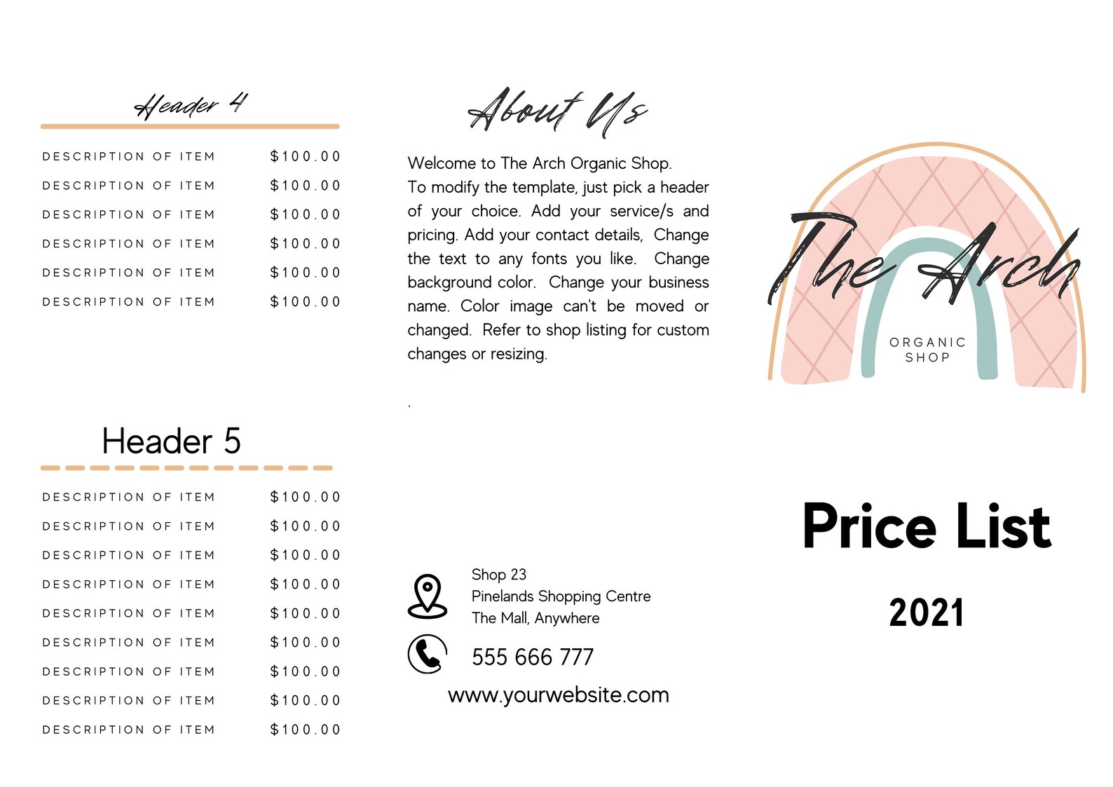Trifold Price List Template With Various Content Options, Editable ...