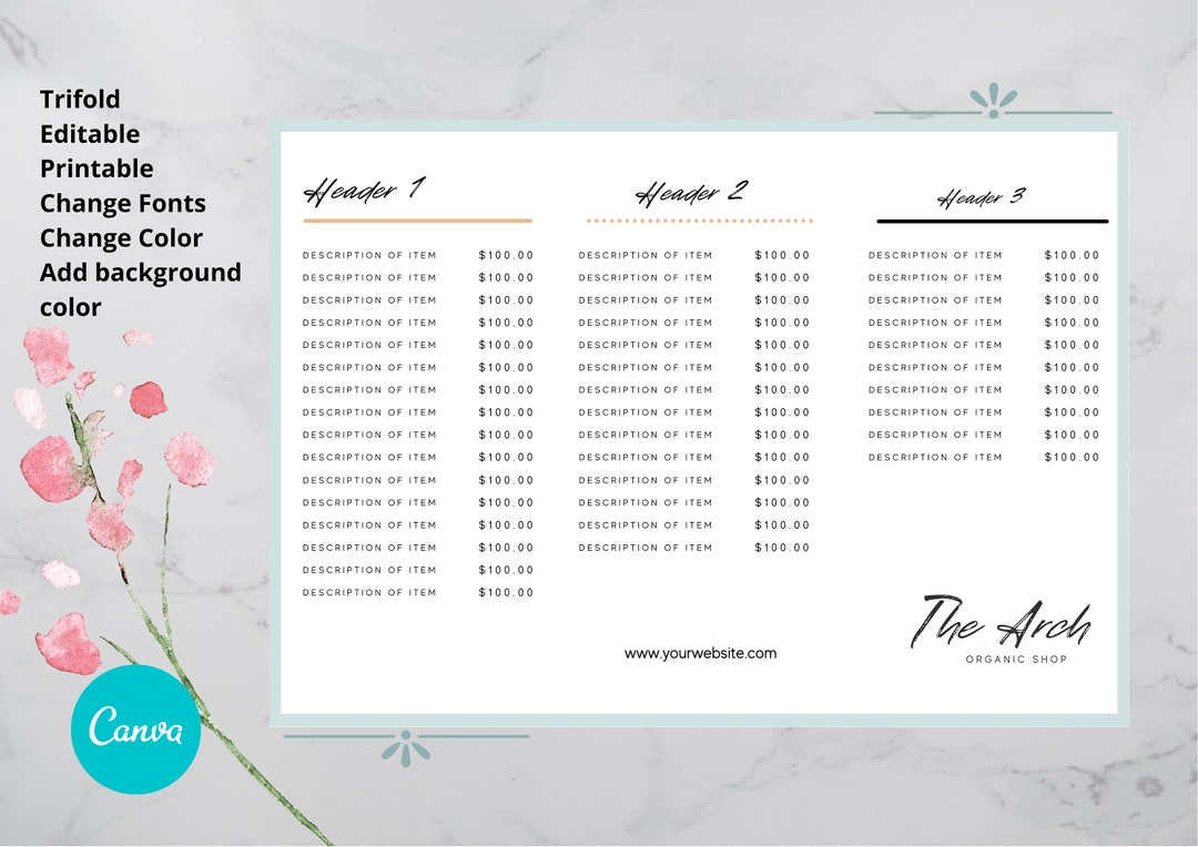 Trifold Price List Template With Various Content Options, Editable ...