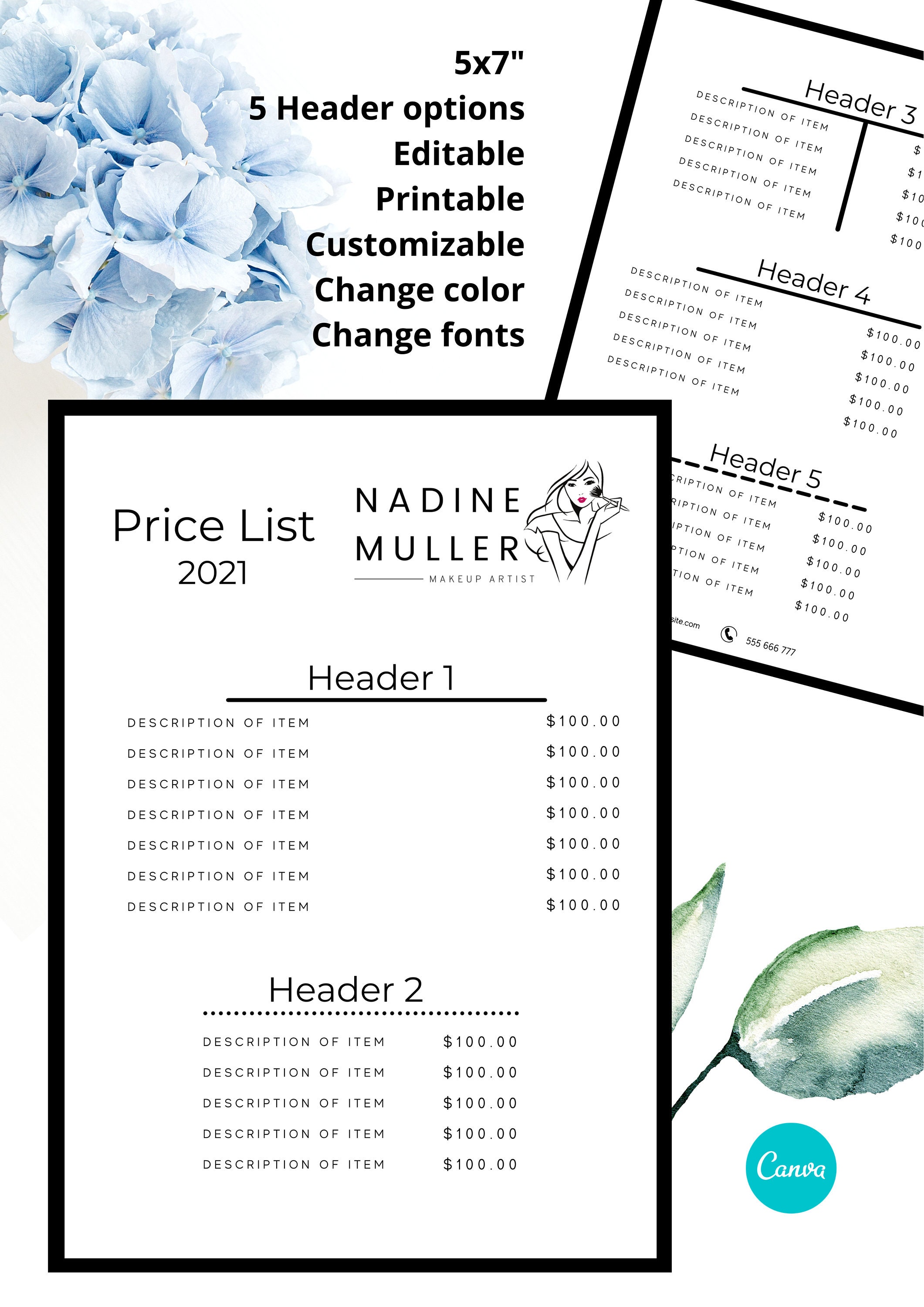 Beauty Salon Price List Template, 5 X 7 Price List, Editable, Printable ...