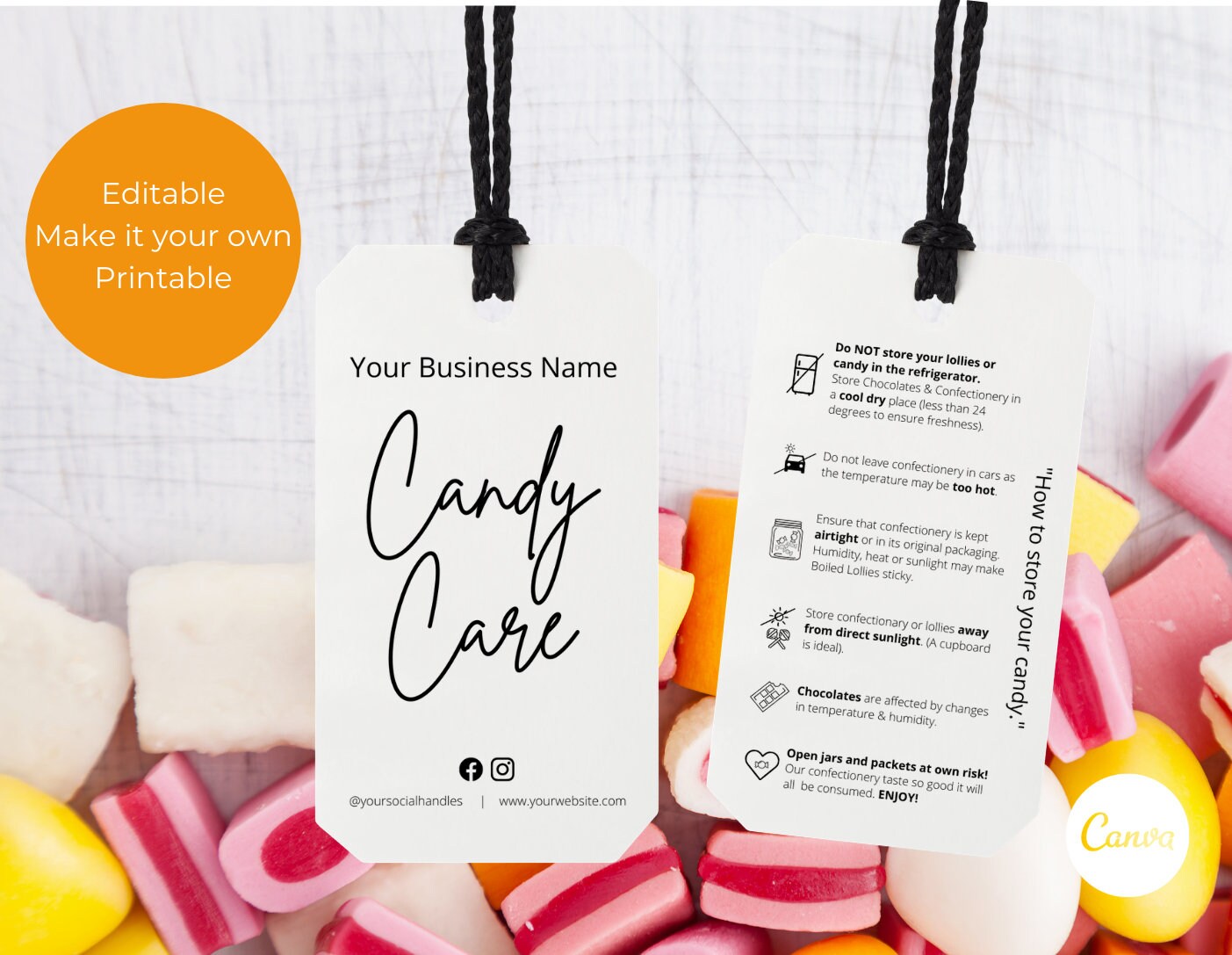 Candy Care Hang Tag, DIY Candy Care Card Tag Template, Editable ...