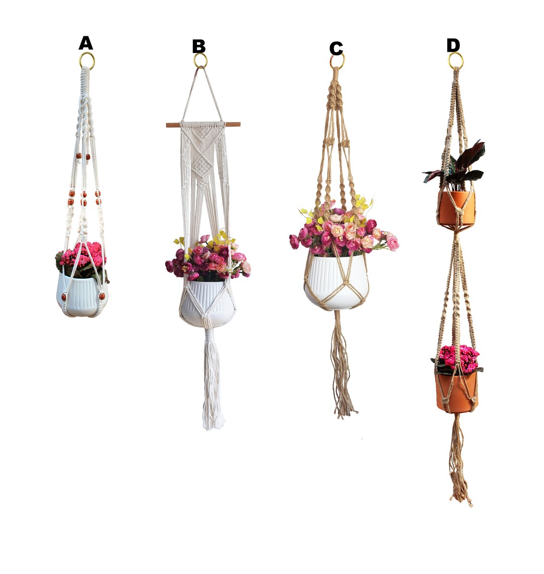 Handmade Macrame Cotton Jute Plant Hangers 4-pack With Hook for Indoor ...
