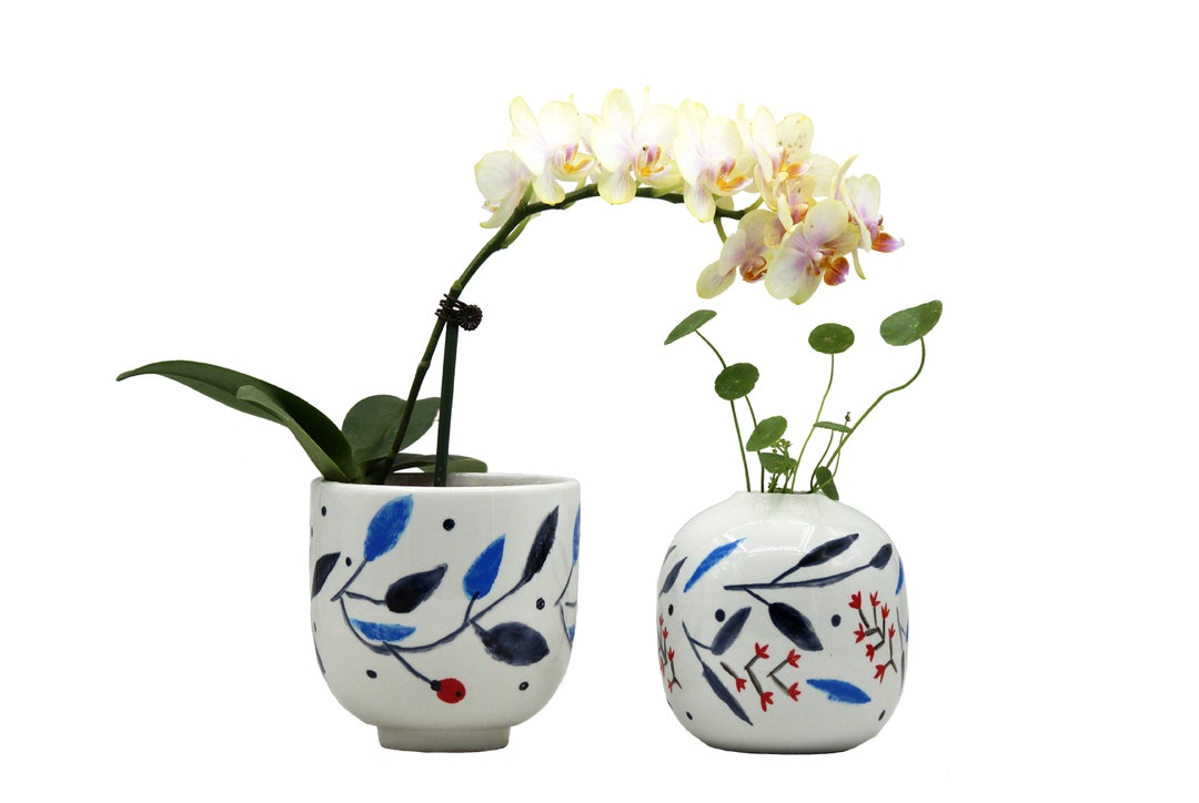 5 Inch Ceramic Planter Pot With Matching Vase Painted Leave Pattern - Etsy