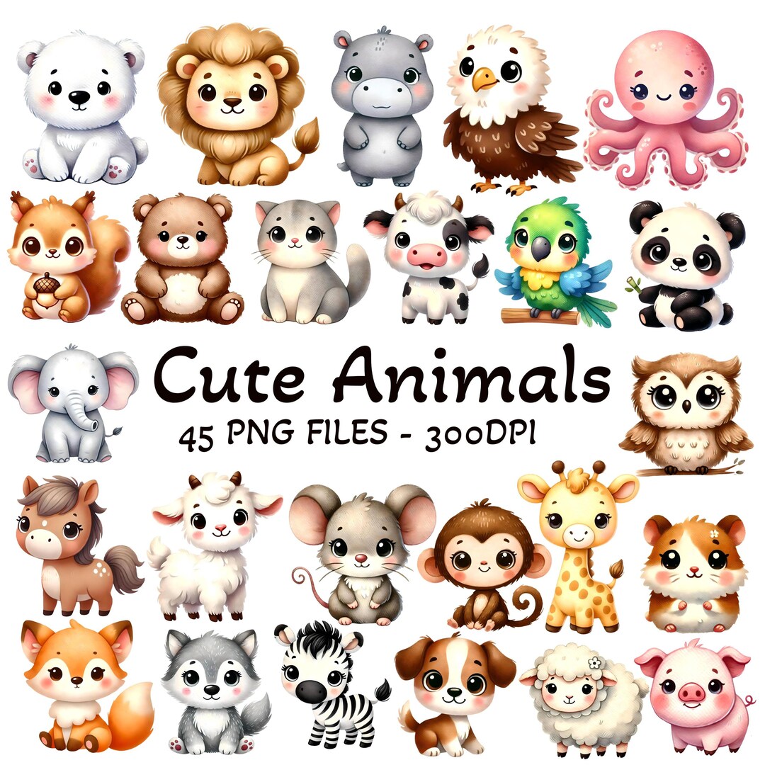 Watercolor Cute Animals Clipart, 45 Cute Animal PNG, Watercolor Animals ...