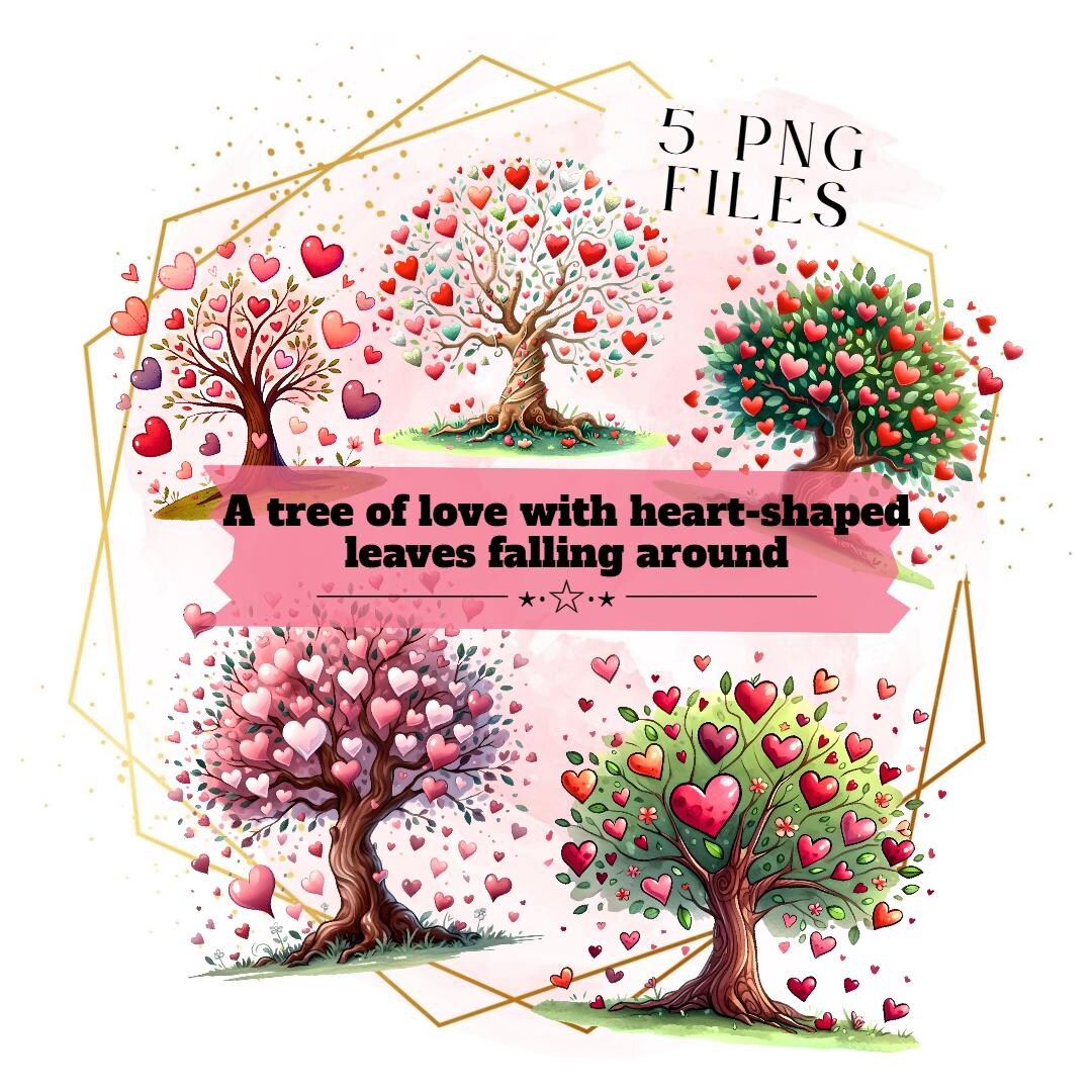 Charming Watercolor Cartoon Clipart – 5 Heart-themed Tree Illustrations ...