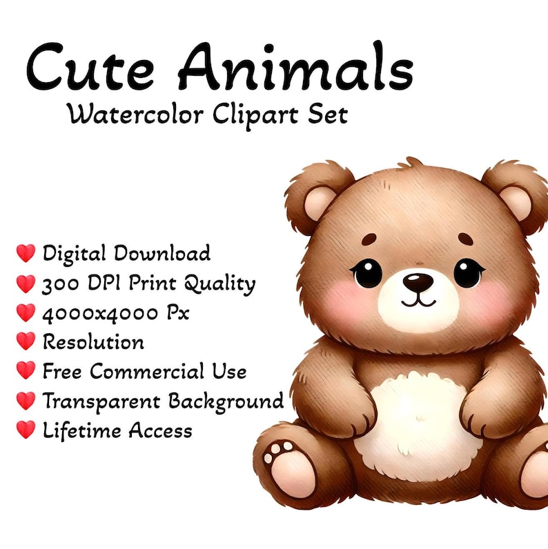 Watercolor Cute Animals Clipart, 45 Cute Animal PNG, Watercolor Animals ...