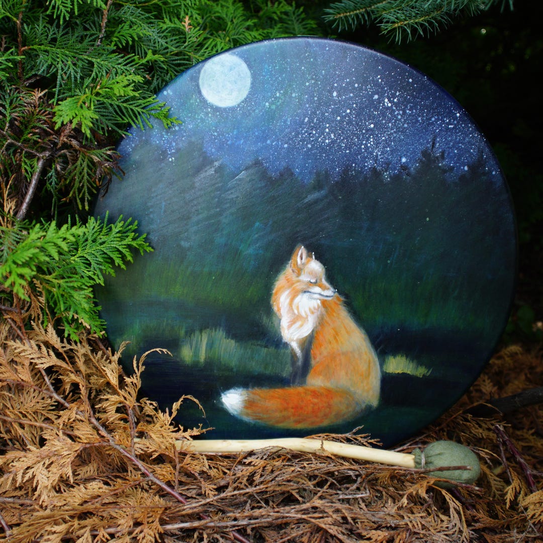 Vegan Shamanic Drum Hand Painted Red FOX, Tunable, Shaman, Artificial ...