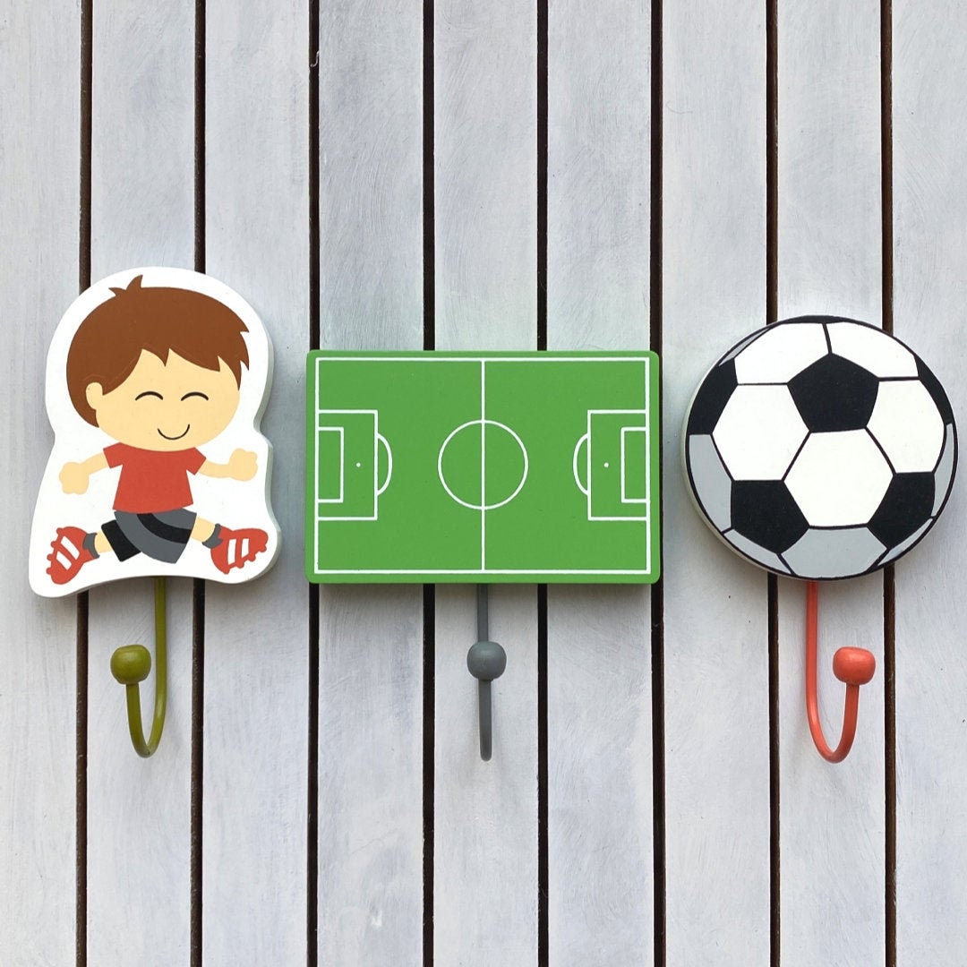 Tinkietoys Wooden FOOTBALL COAT HOOKS Set of 3 Wall Decor for Kids ...