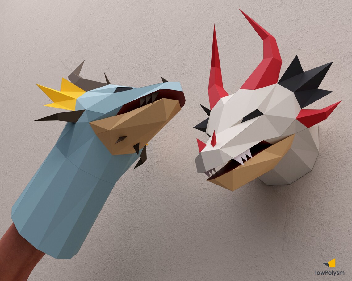 Dragon Low Poly Papercraft Dragon Puppet, Diy Craft Dragon Head Trophy ...