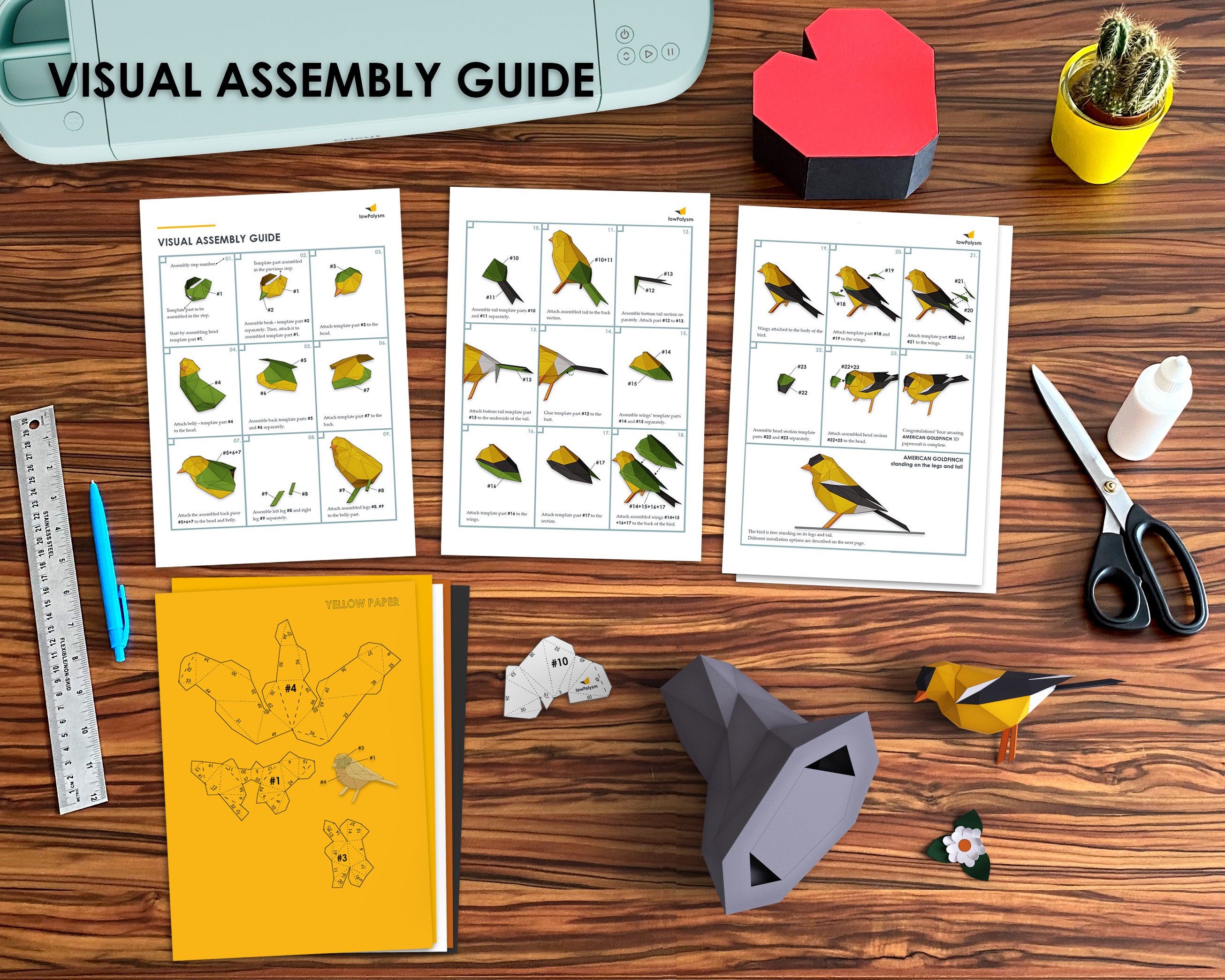 3D Papercraft Bird: American Goldfinch - Printable Low Poly Bird & Rock ...
