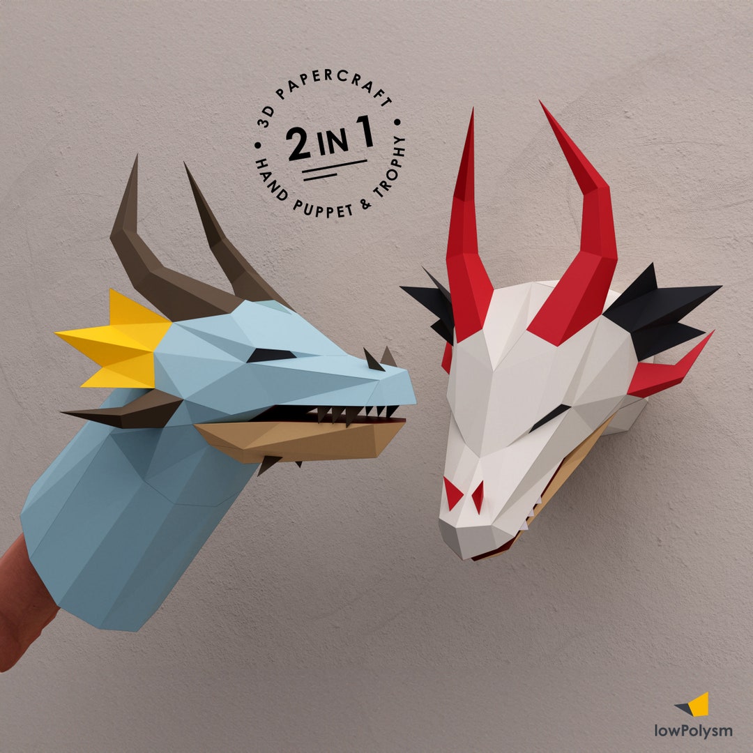 Dragon Low Poly Papercraft Dragon Puppet, Diy Craft Dragon Head Trophy ...
