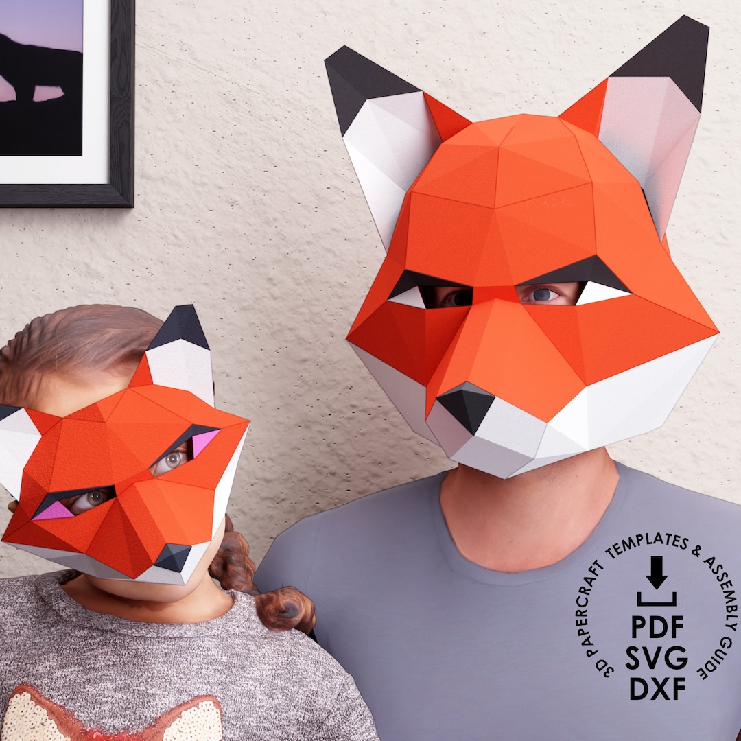 Fox Mask 3D Papercraft and Fox Half Mask, Templates in PDF, SVG, DXF ...