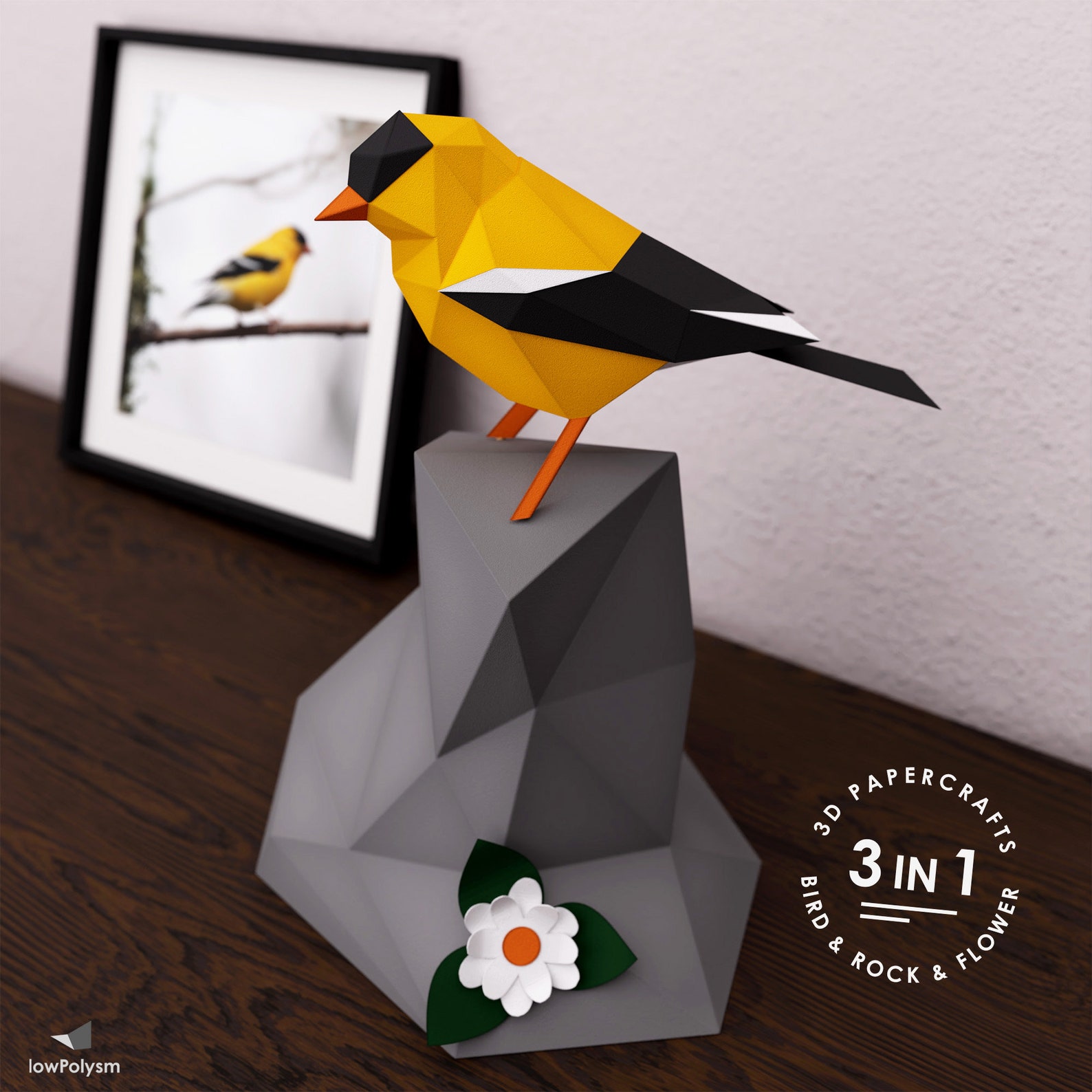 3D Papercraft Bird: American Goldfinch - Printable Low Poly Bird & Rock ...
