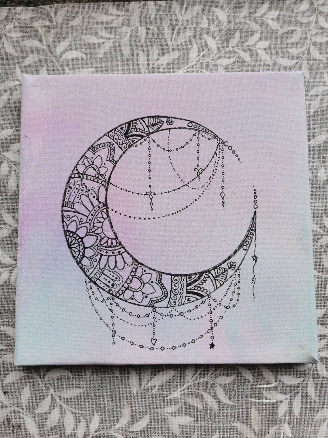 Bohemian Moon Ink Drawing on Watercolour| Canvas| Hand Drawn Hand ...