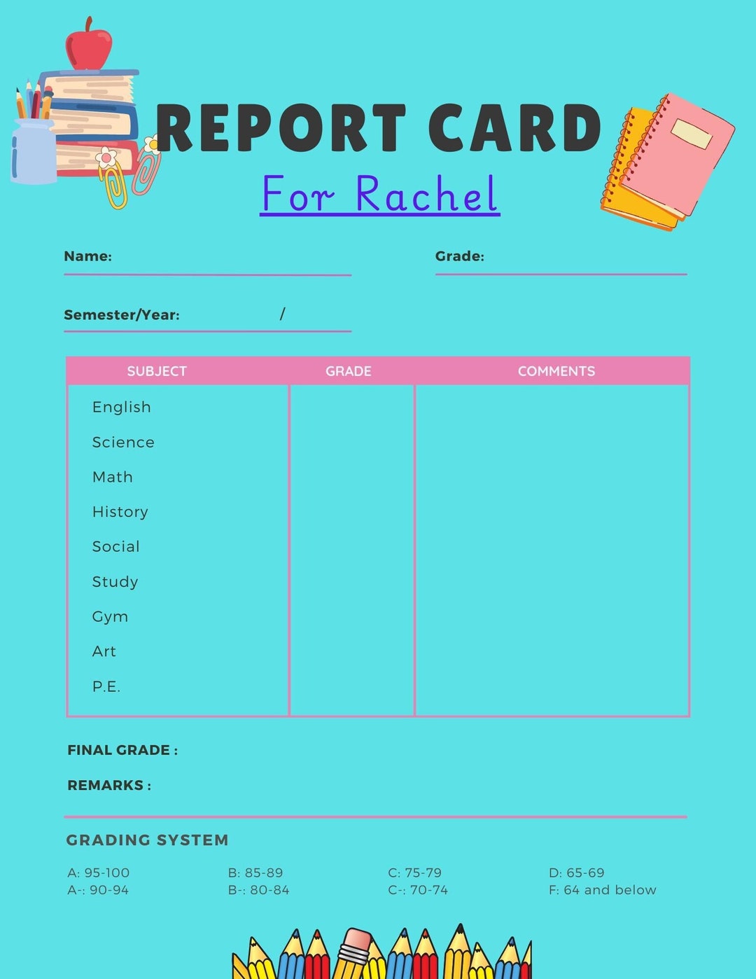 Report Card Template, Customizable Report Card, Home School Report Card ...