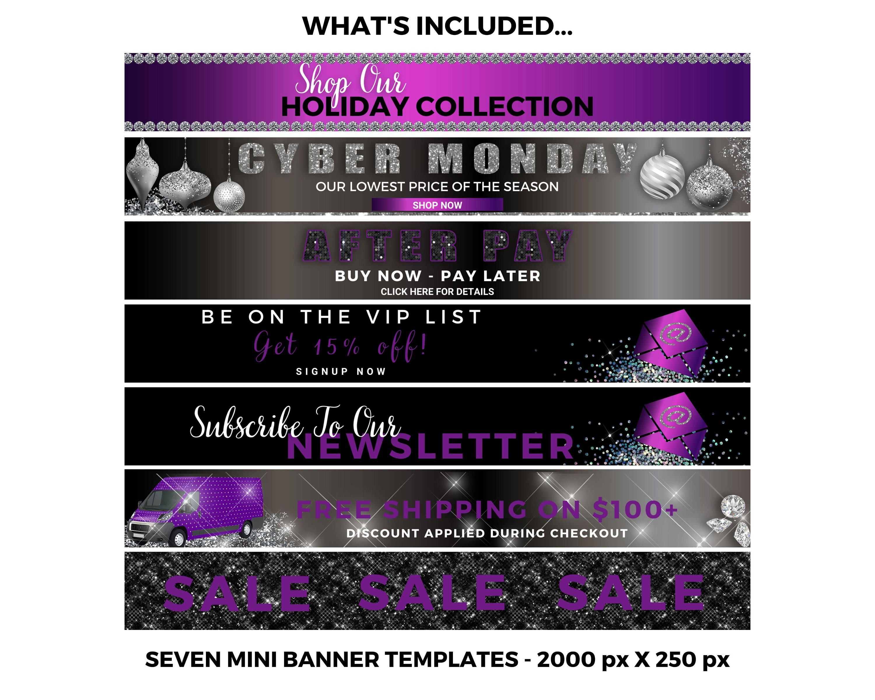 Glam Purple Silver Web Banner Template Kit. Shopify Glitter Banners ...