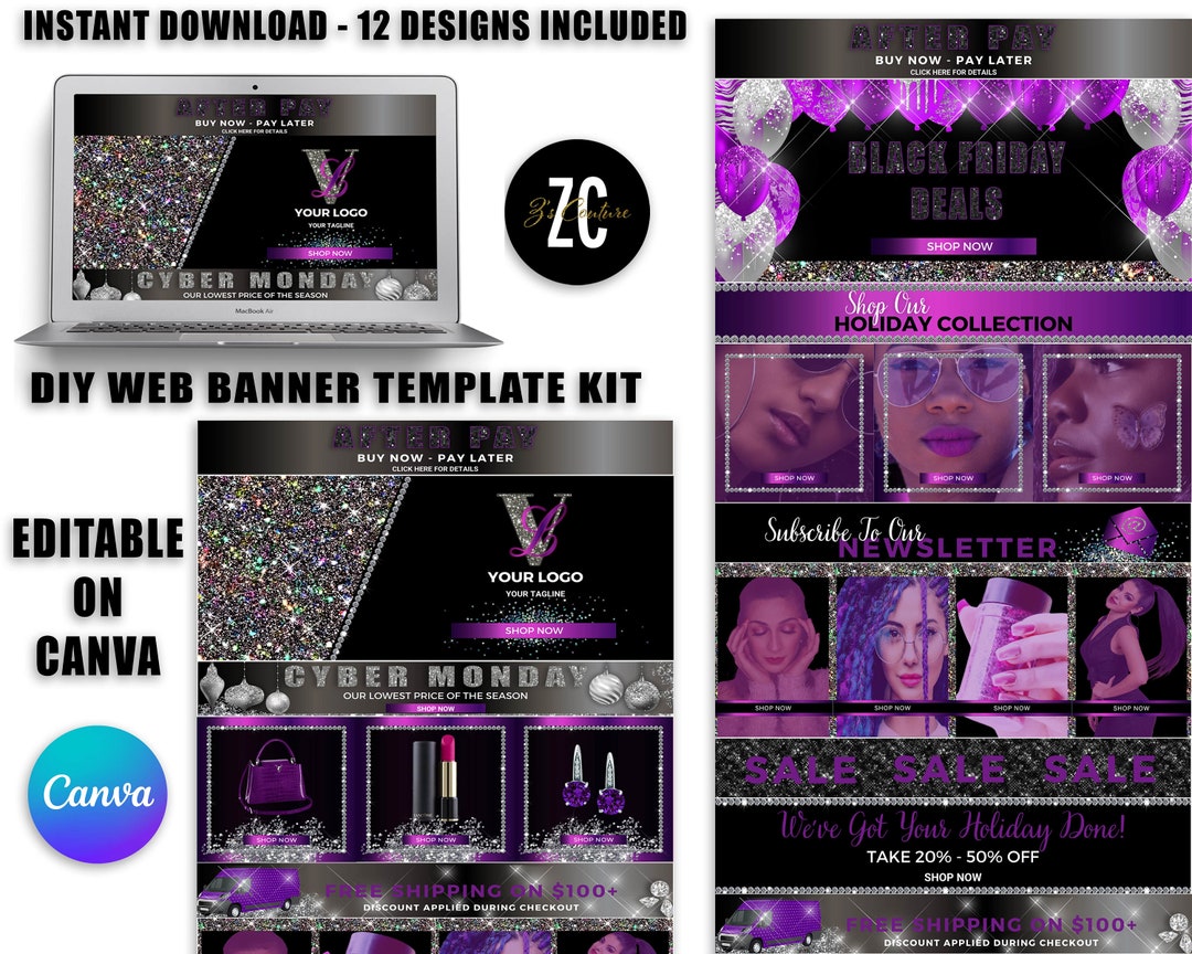 Glam Purple Silver Web Banner Template Kit. Shopify Glitter Banners ...