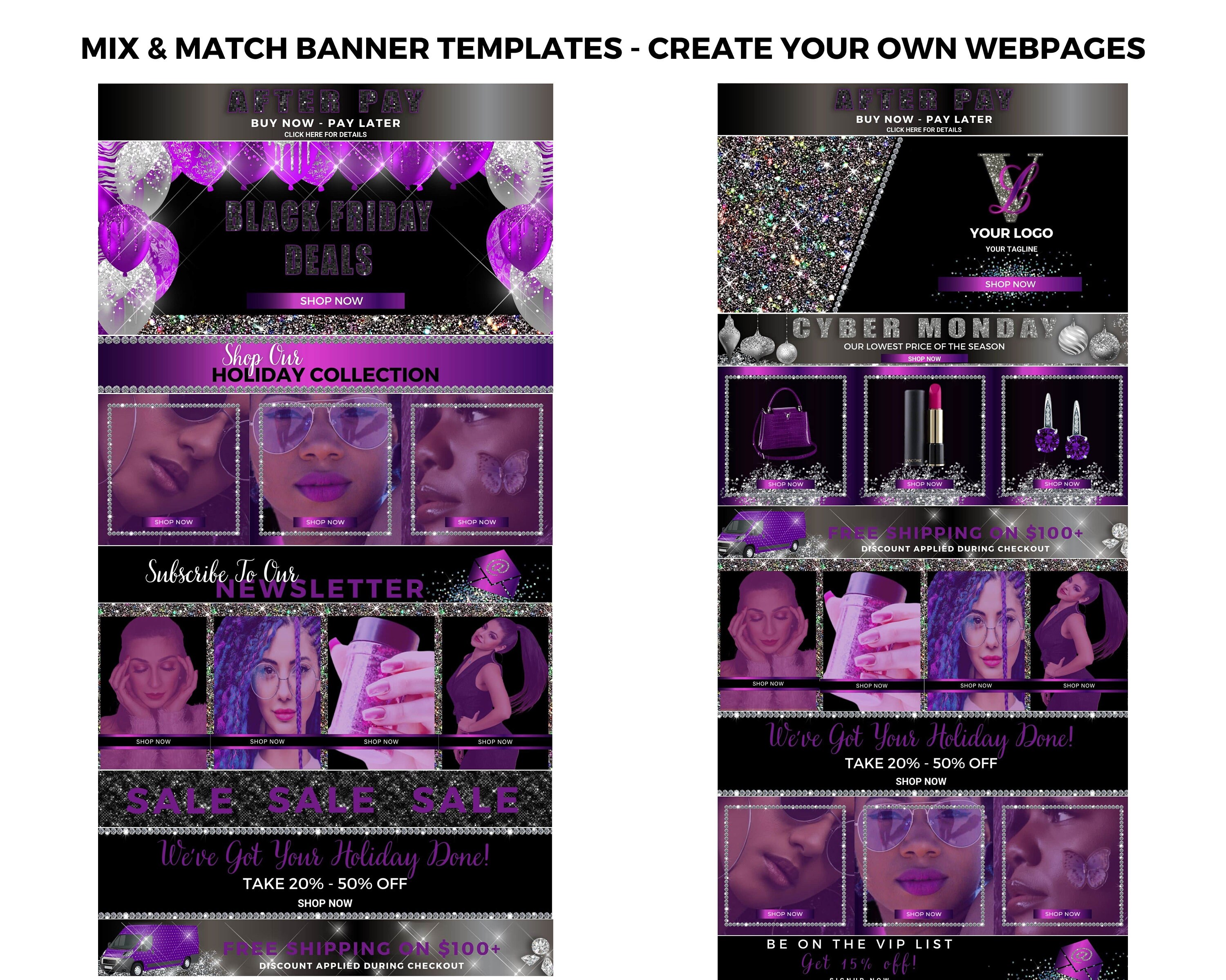 Glam Purple Silver Web Banner Template Kit. Shopify Glitter Banners ...
