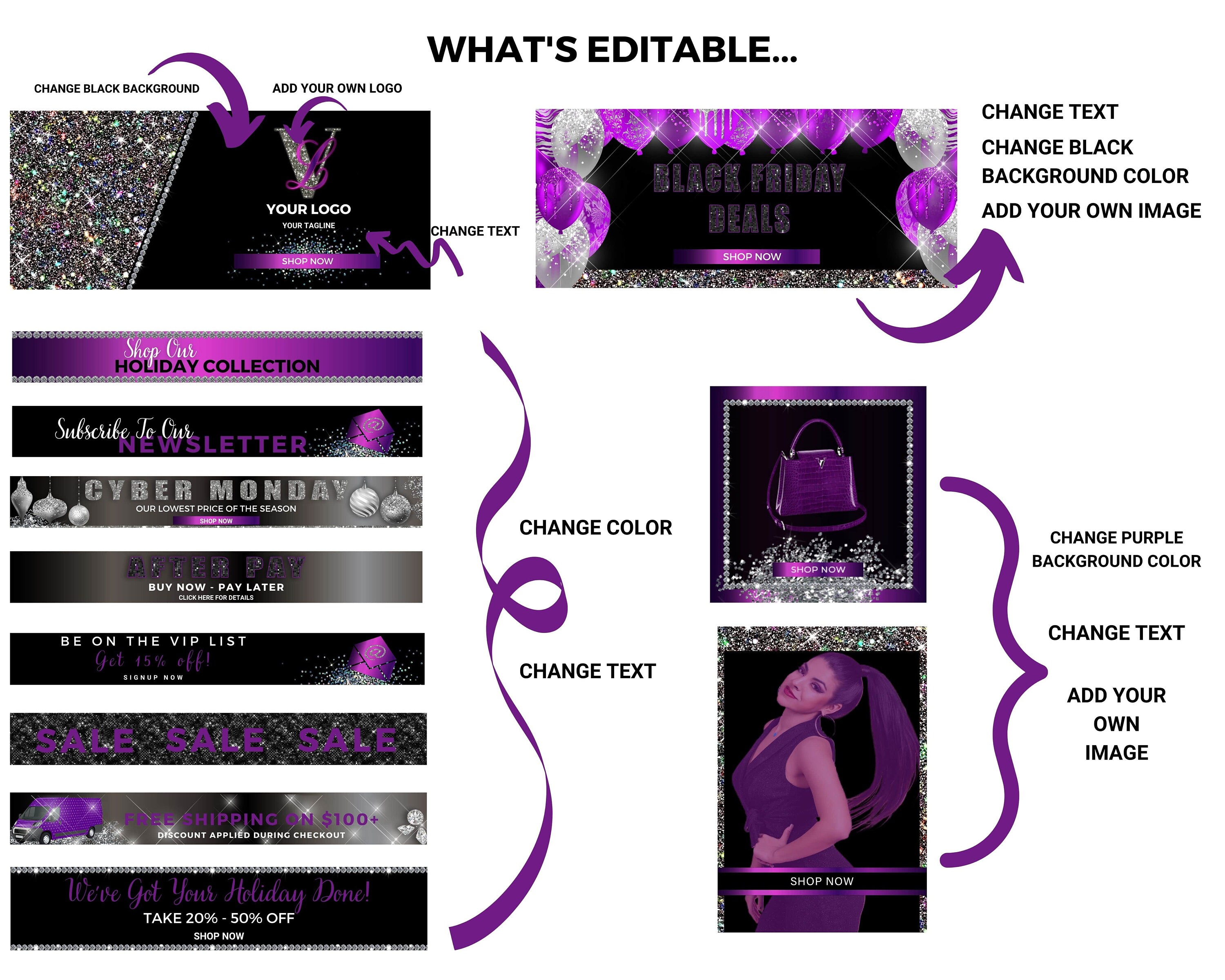 Glam Purple Silver Web Banner Template Kit. Shopify Glitter Banners ...