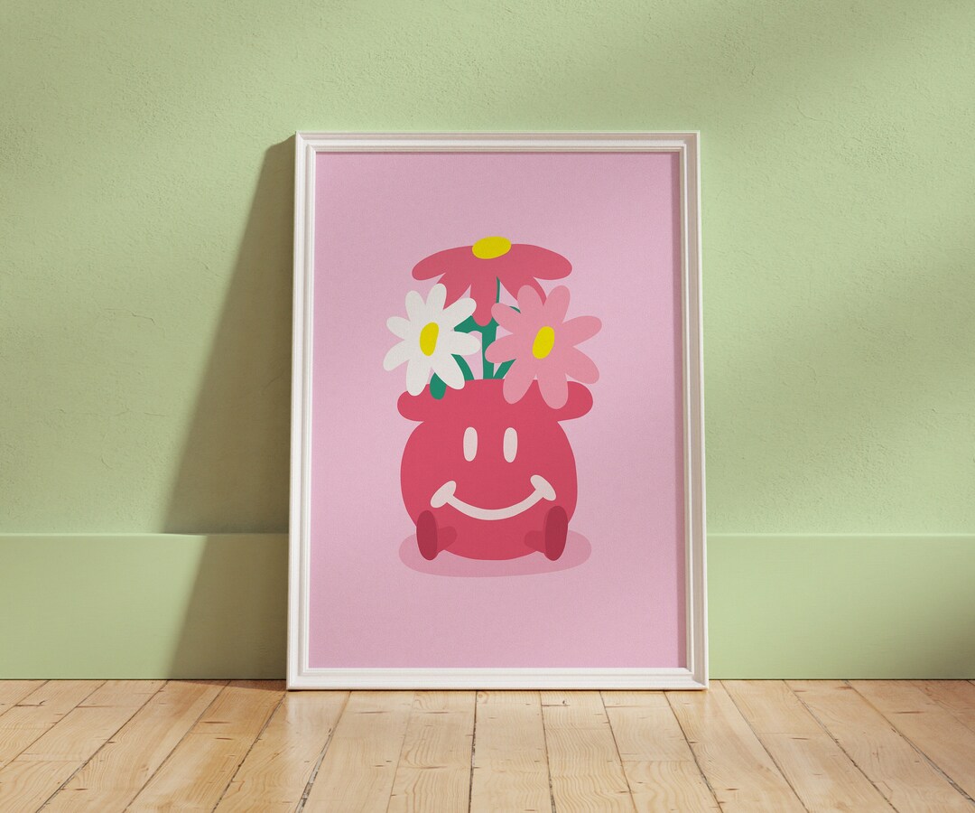 Pink Smiley Face Flower Pot Art Print - Happy Face | Botanical Plants ...
