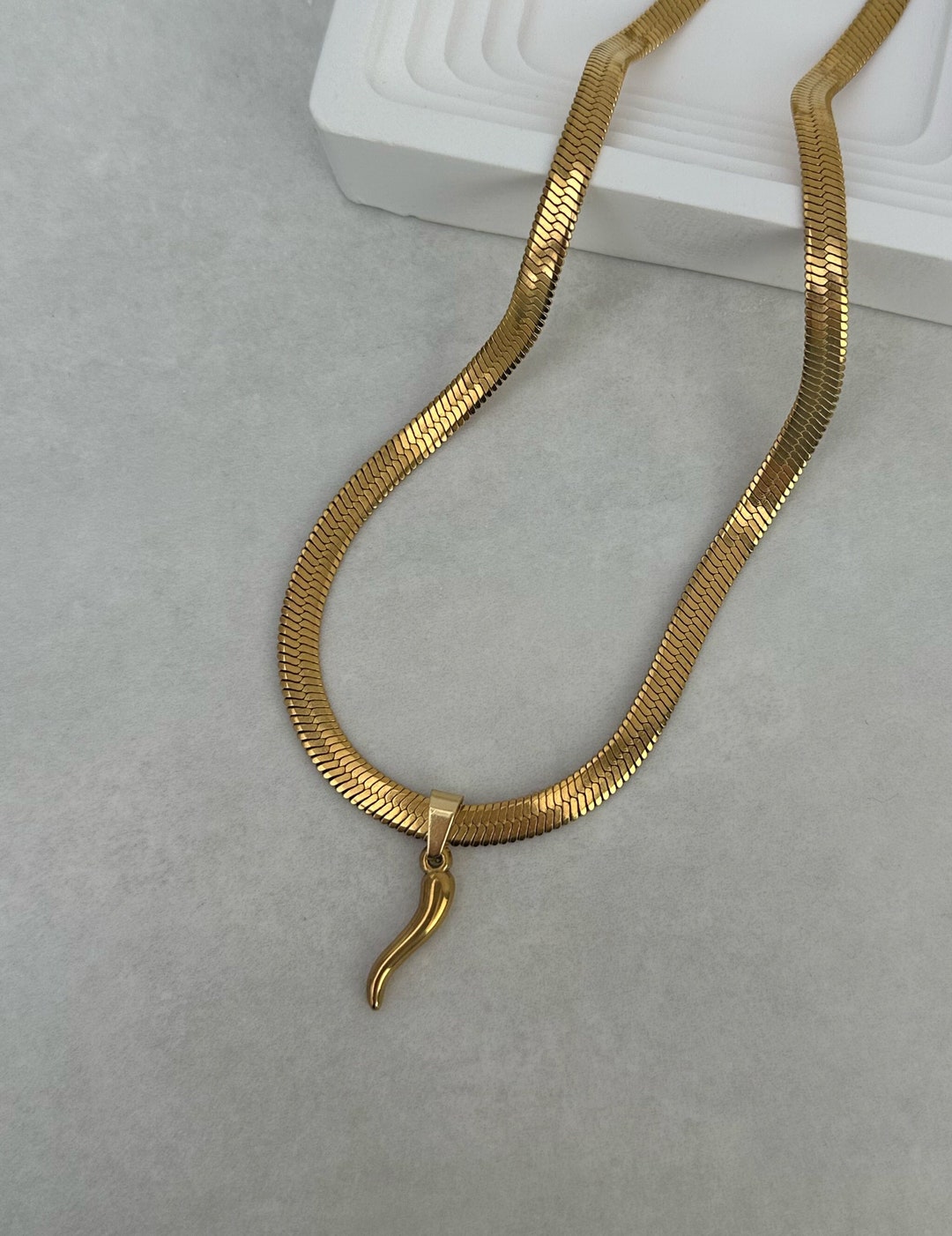 Gold Cornicello Italian Horn Amulet Protection Charm Snake Chain ...