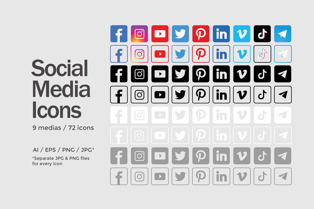 Square Social Media Icons Set - 9 Social Medias / 72 Icons - Ai / Eps ...
