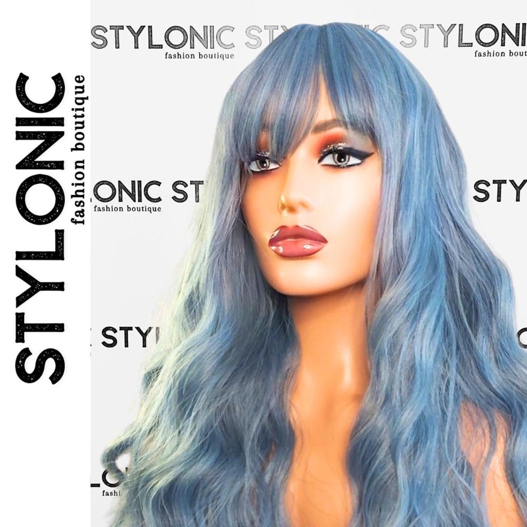 Blue Wig With Bangs, Long Curly Synthetic Cosplay Costume Wigs for ...