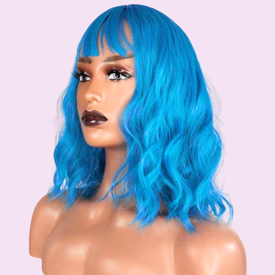 Electric Blue Wig With Bangs: 14" Heat-resistant Synthetic Cosplay Hair ...