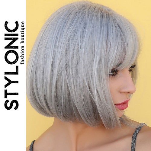 Silver Gray Wig With Bangshort Bob Curly Wig - Etsy